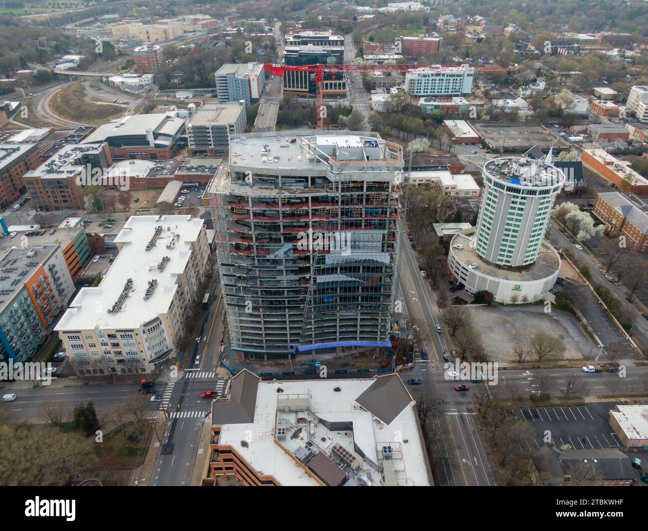 Drone images of downtown Raleigh NC skyline and high rise construction ...