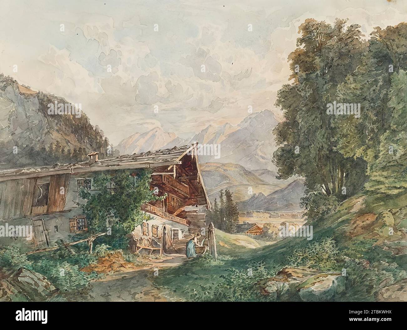 Alpine landscape with farmhouse and woman at the well, around 1860 ...