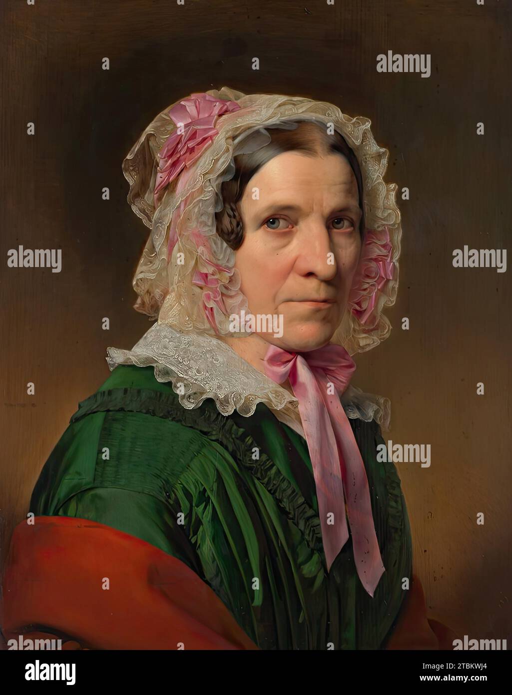 Portrait of an elderly lady wearing a lace bonnet and pink ribbons ...