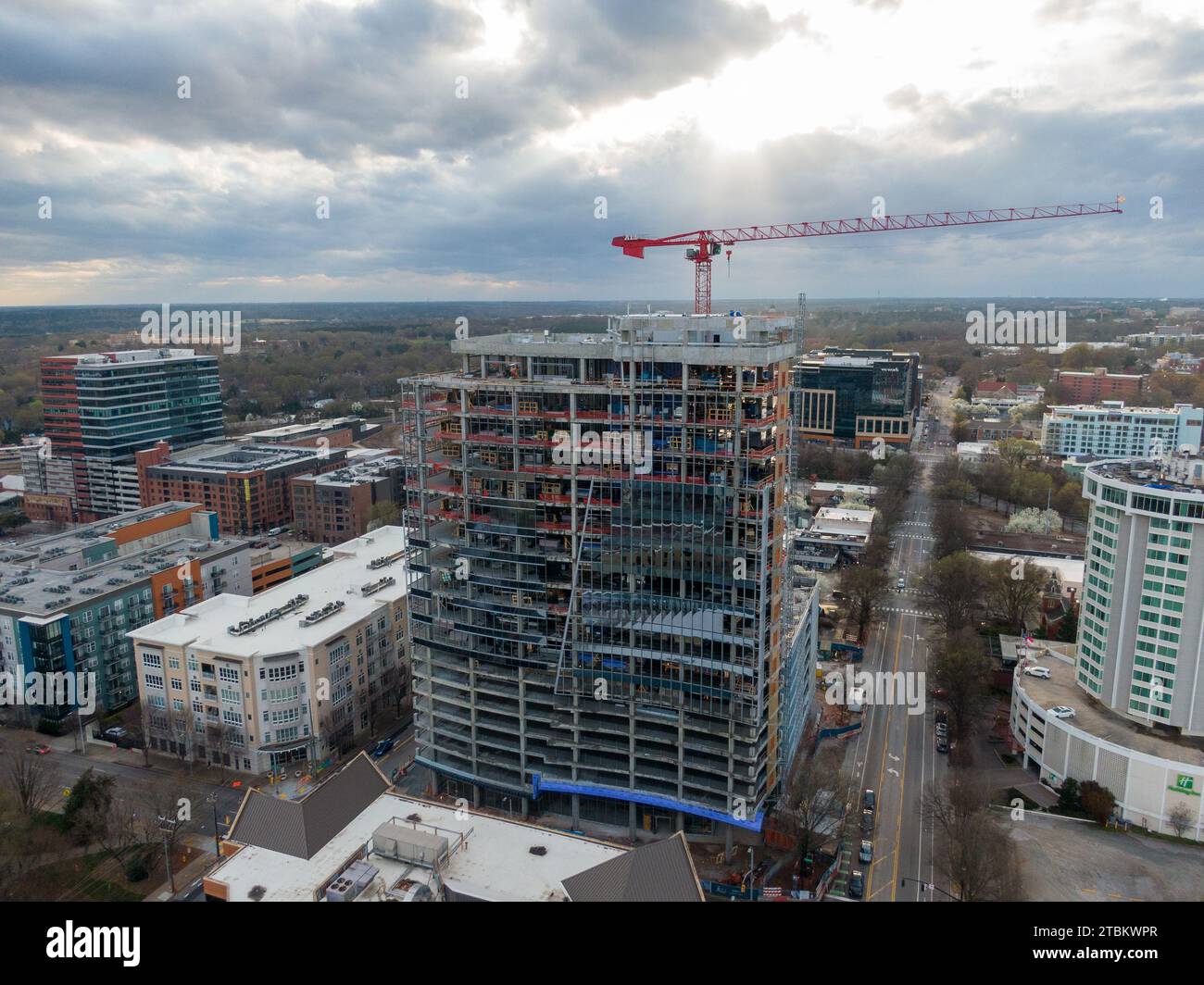 Drone images of downtown Raleigh NC skyline and high rise construction ...