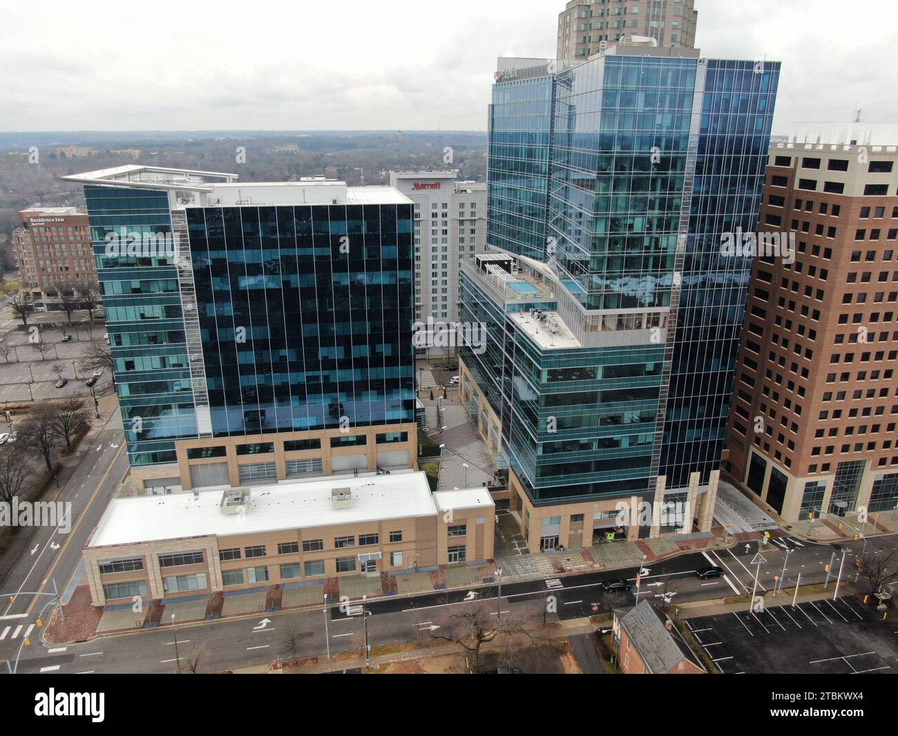 Drone images of downtown Raleigh NC skyline and high rise construction ...