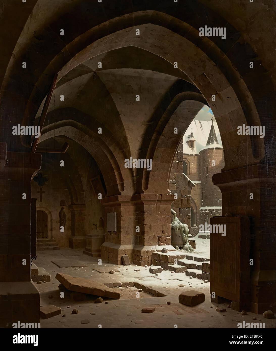 View of a monastery courtyard in winter, 1854. A delicate covering of ...