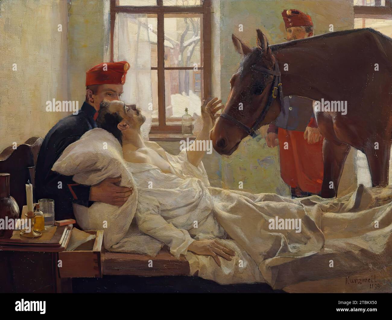 A lovely visit, 1894. An injured soldier, carefully propped up in bed ...