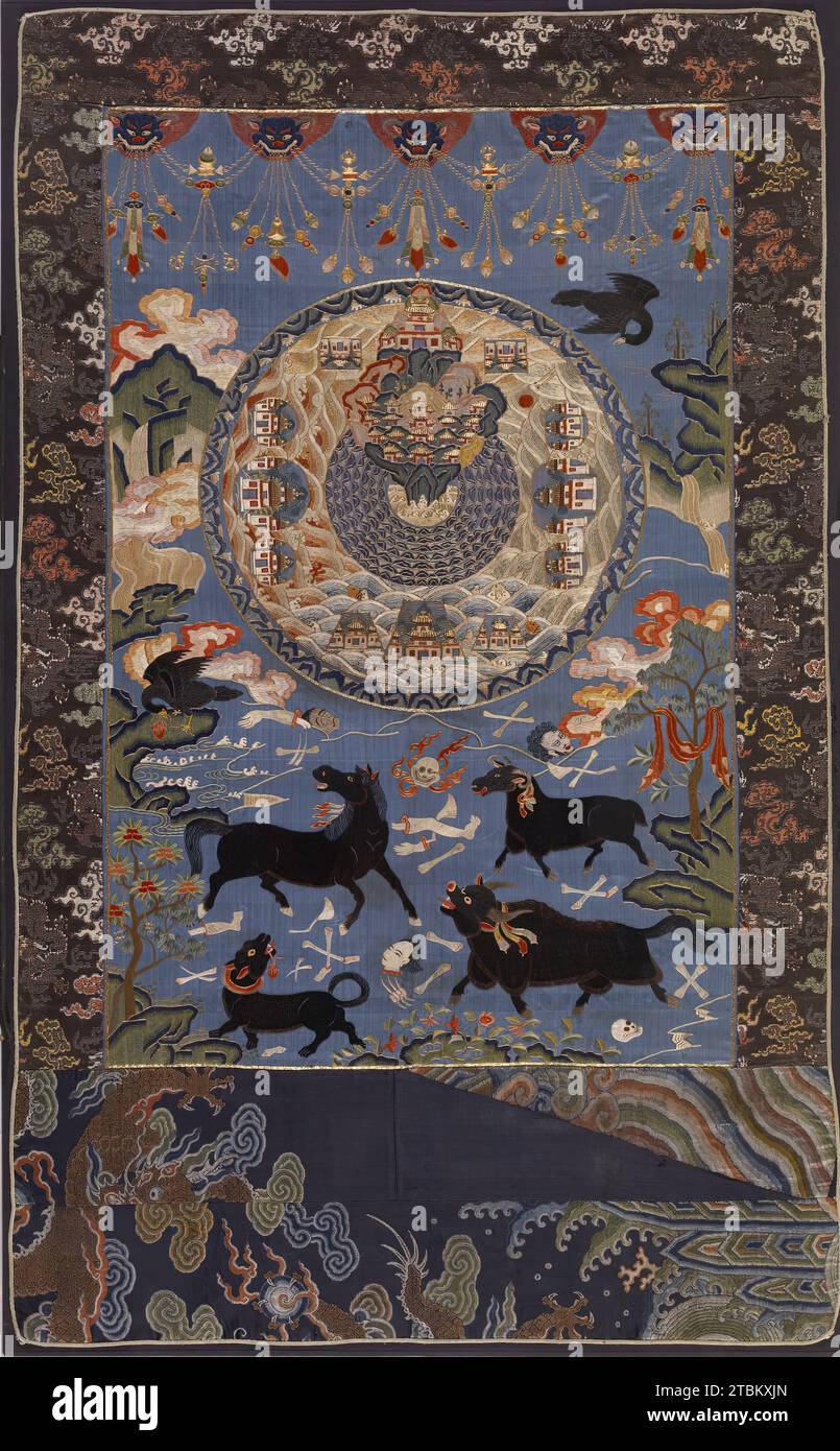Cosmic Mount Meru, 18th century. The setting, with beasts and floating ...