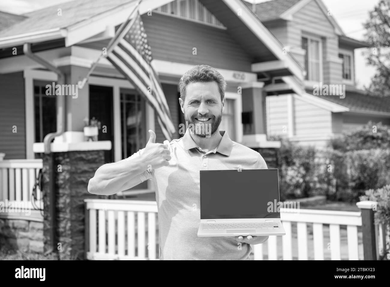 presentation of man real estate agent selling house online on computer ...