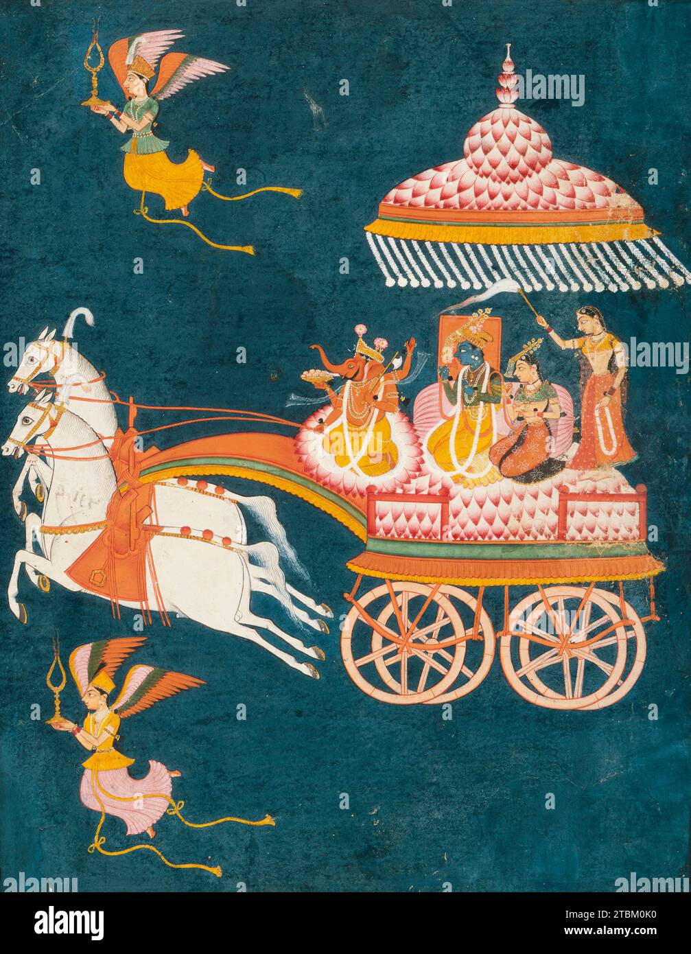 Krishna and Rukmini as Groom and Bride in a Celestial Chariot Driven by ...