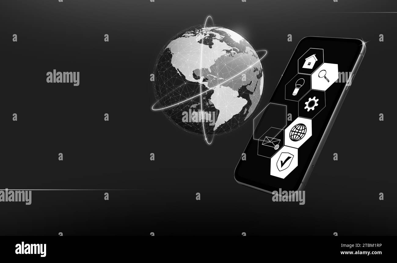 Global network, banner design. Smartphone with different icons on black ...