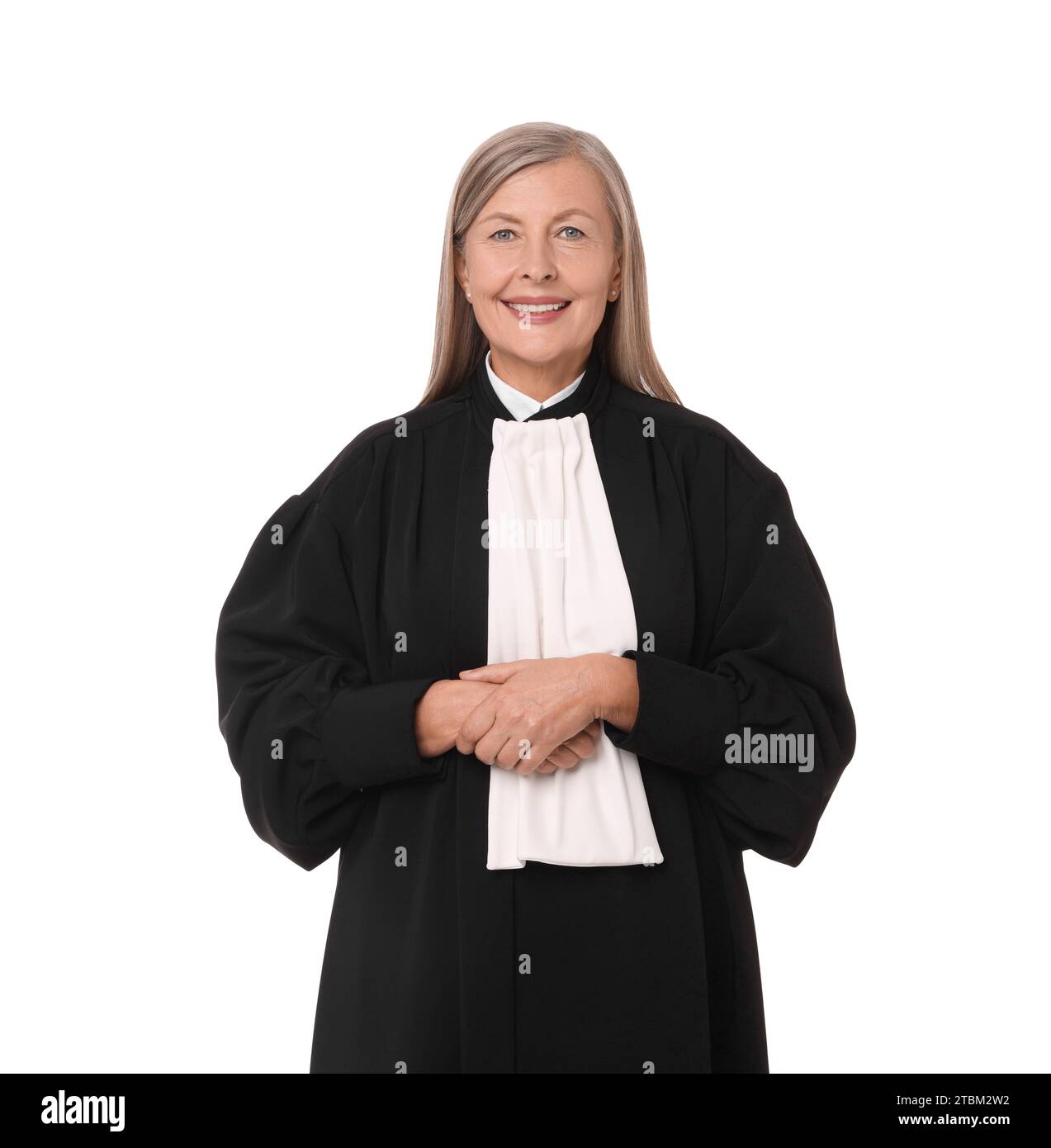 Smiling senior judge in court dress on white background Stock Photo - Alamy
