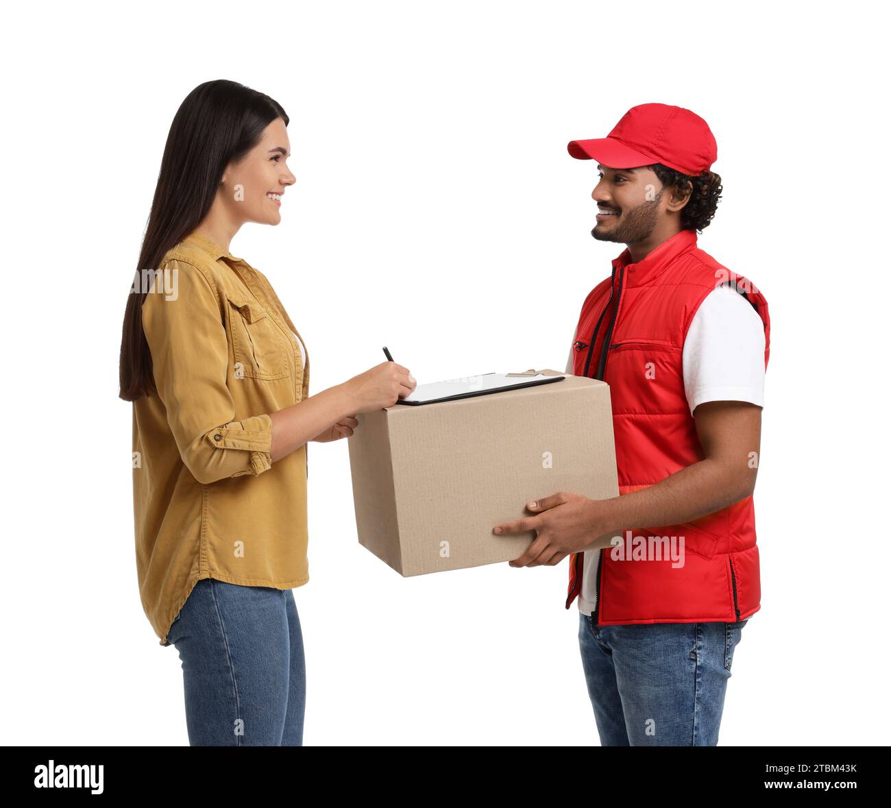 Smiling woman signing order receipt on white background. Courier ...