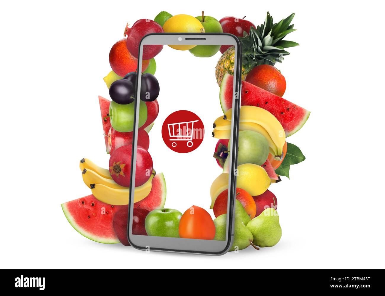 Online purchases. Shopping cart icon and different fruits coming out of ...