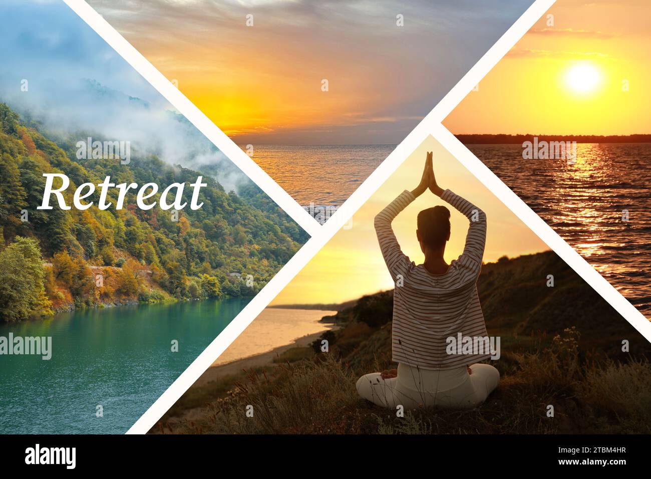 Wellness retreat. Collage with photos of beautiful landscapes and ...