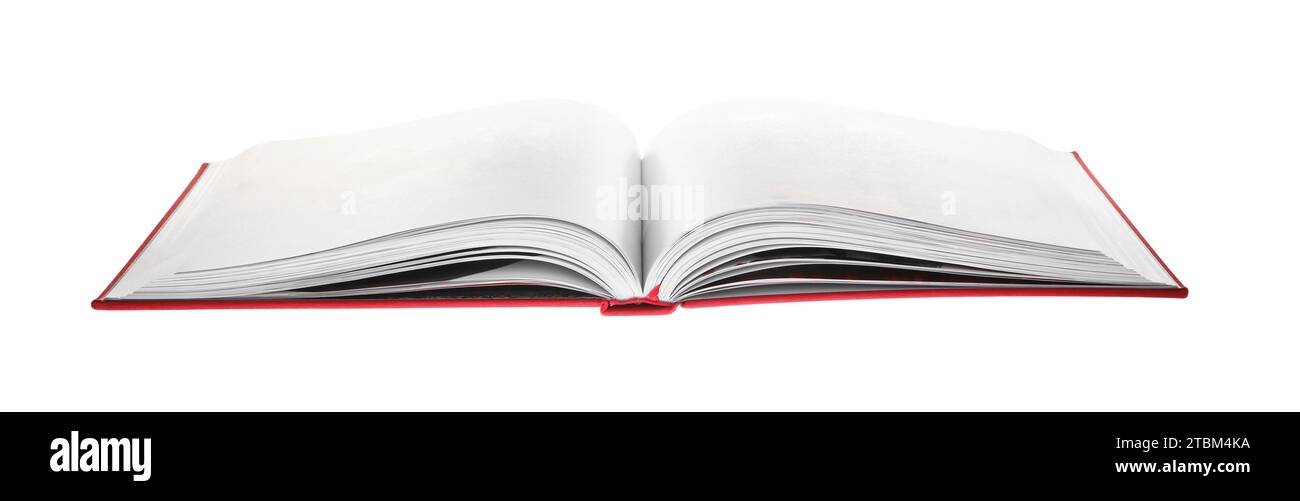 Open book with red cover on white background Stock Photo - Alamy