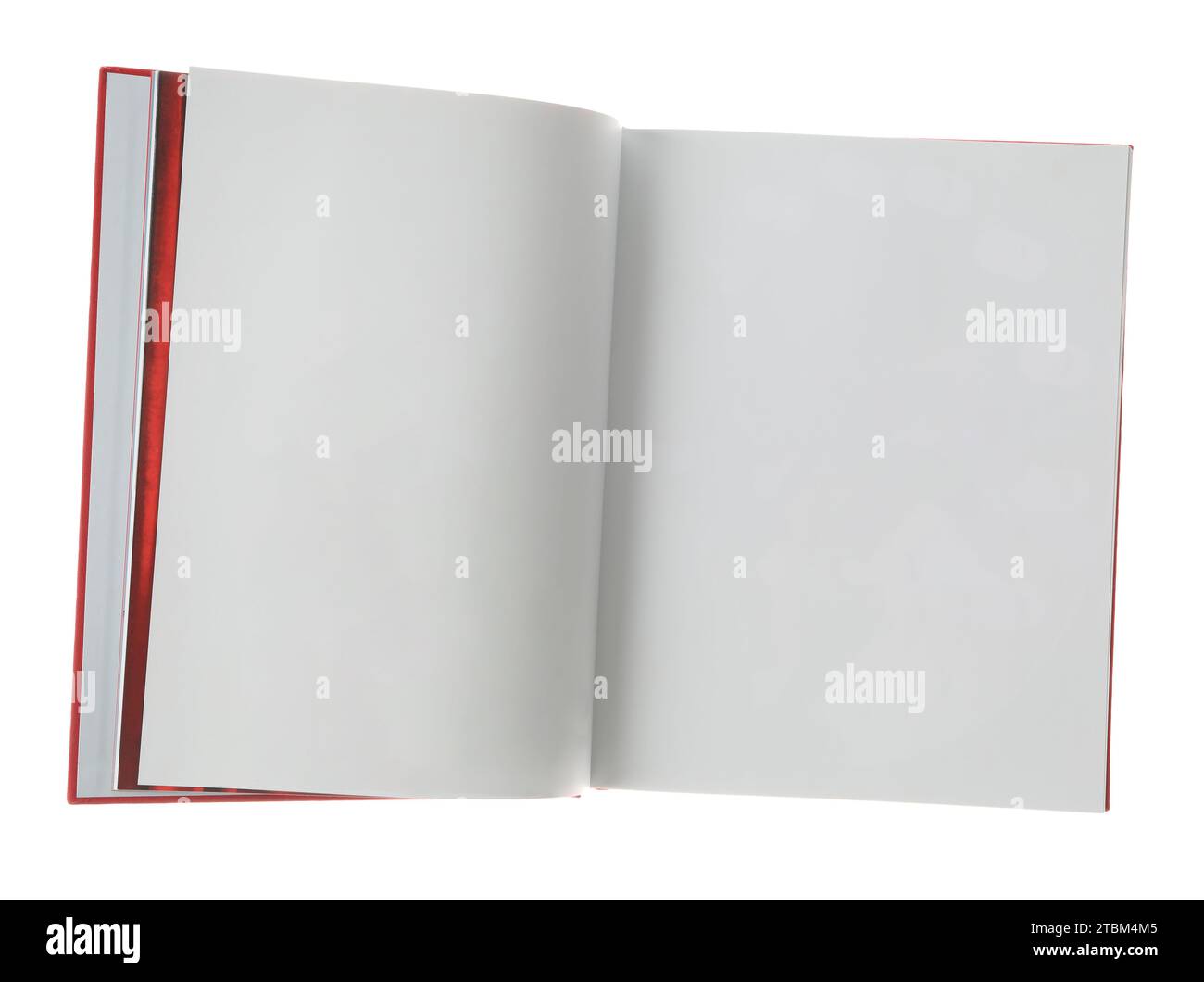 Open book with red cover on white background, top view. Mockup for ...