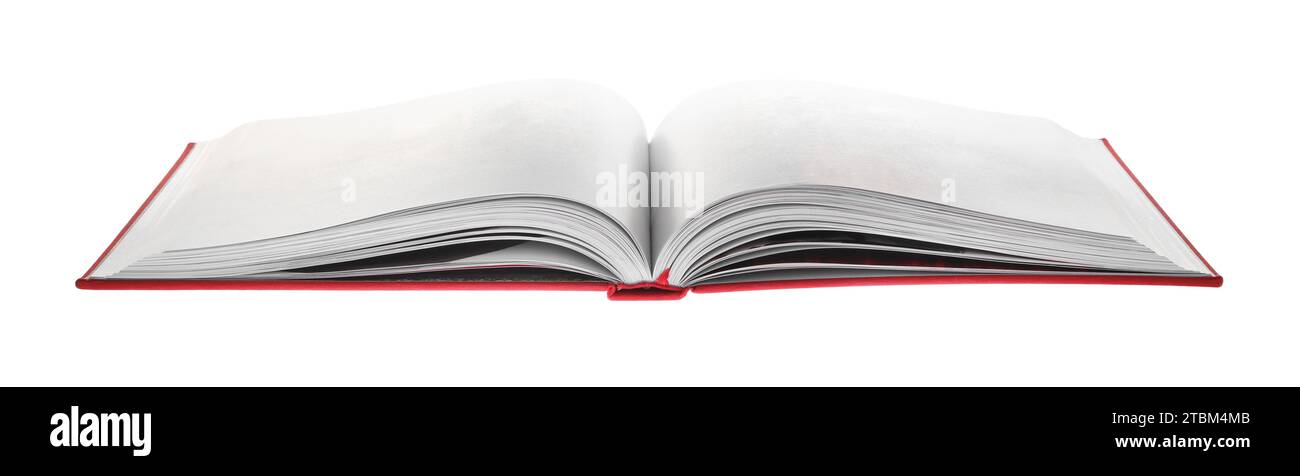 Open book with red cover on white background Stock Photo - Alamy