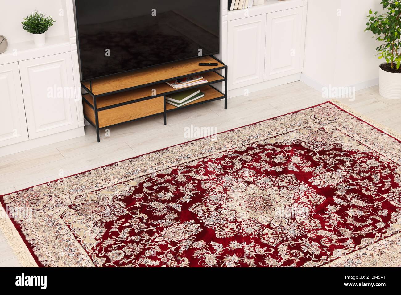 Stylish room with beautiful rug and furniture. Interior design Stock ...