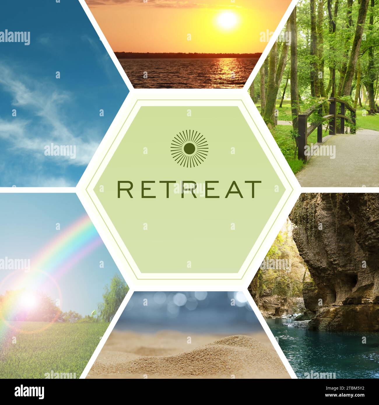Wellness retreat. Collage with photos of beautiful landscapes Stock ...