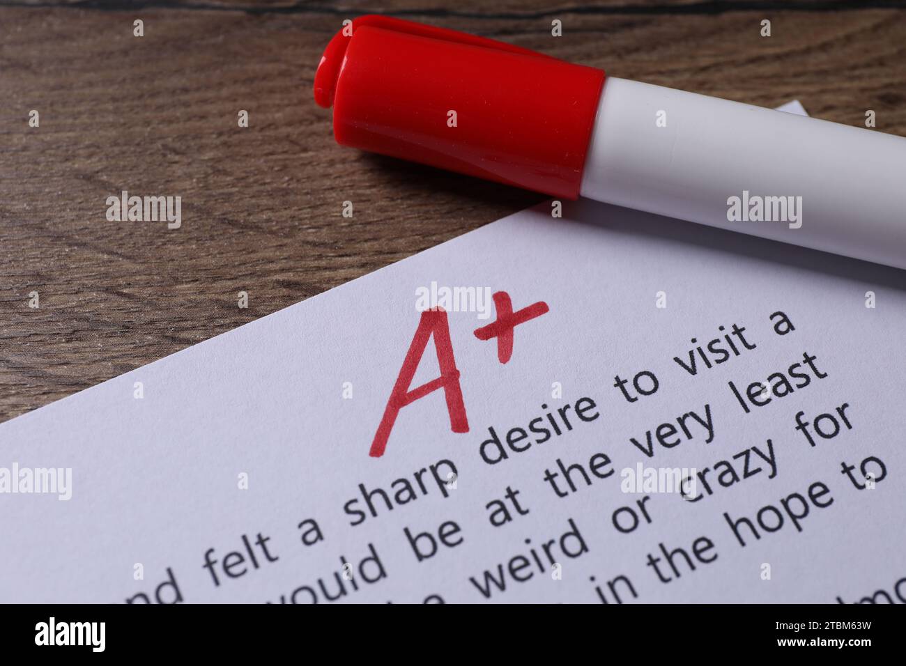 School grade. Sheet of paper with red letter A, plus symbol and marker ...