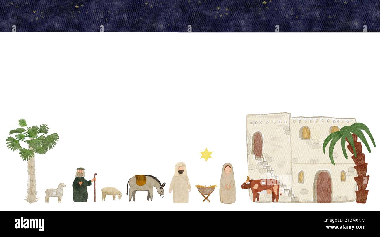 Watercolor Christmas nativity scene border on white background Stock ...