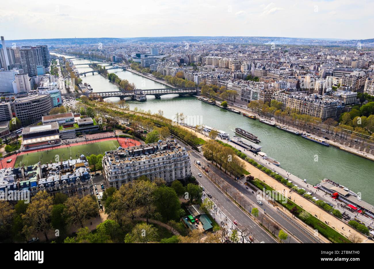 Aerial view of Paris city and Seine river from Eiffel Tower. France ...