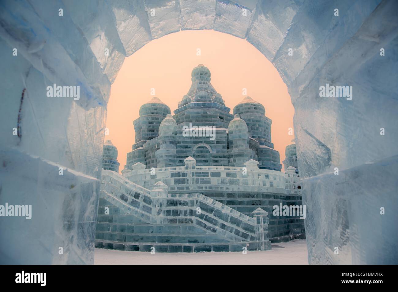 January 1, 2022, HARBIN, CHINA. Ice building in close up during the ...