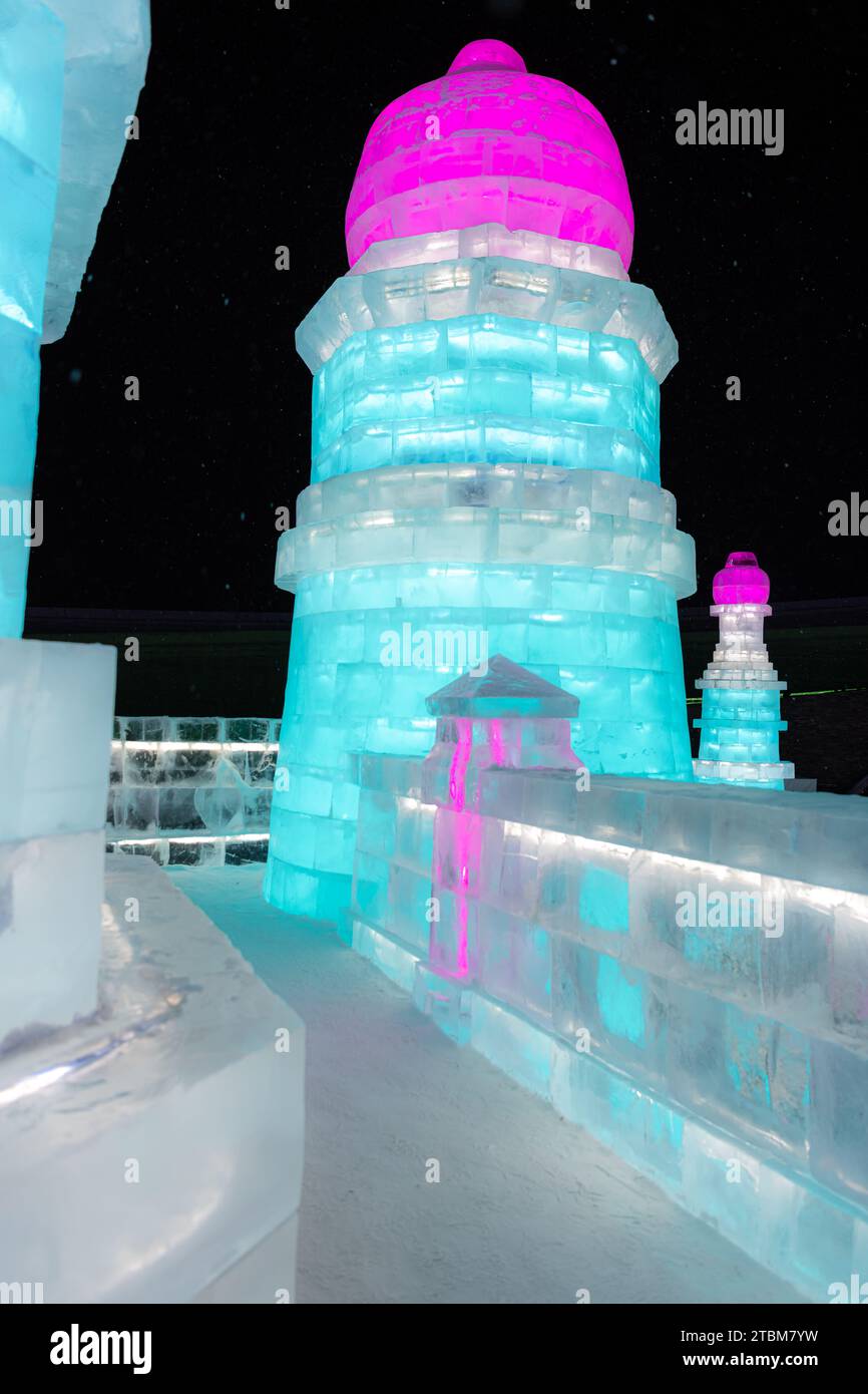 HARBIN, CHINA - January 1, 2022: Spectacular ice castle sculptures at ...