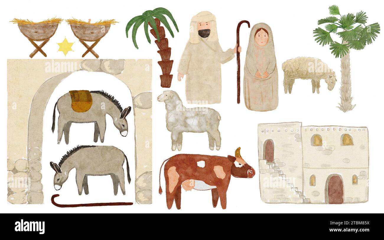 Hand painted watercolor Christmas nativity scene design elements ...