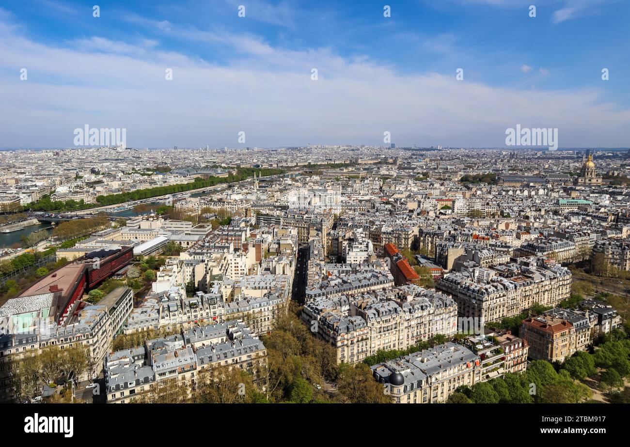 Aerial view of Paris city and Seine river from Eiffel Tower. France ...