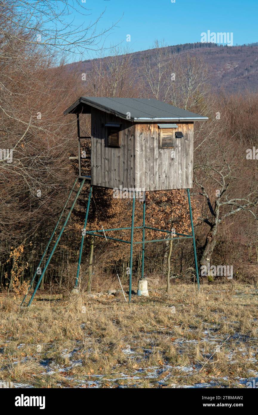 Wooden Hunt tower near the forest. Huntsman high seat in the winter ...