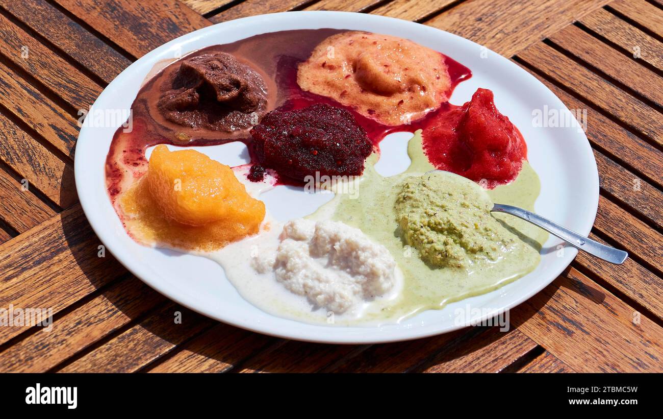 Plate with different types of granita, Bar Da Alfredo, Lingua, south ...