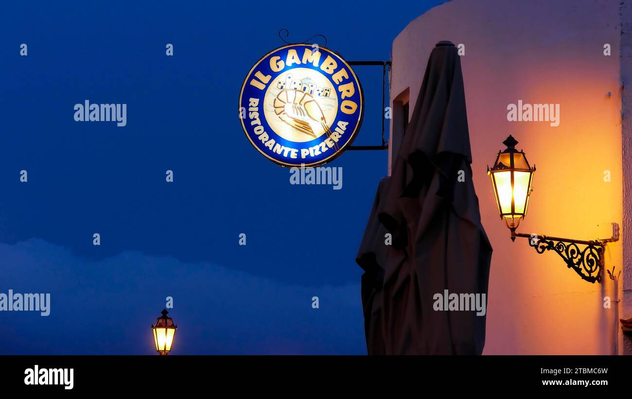 Lantern, illuminated restaurant sign. Il Gambero, night shots, evening ...