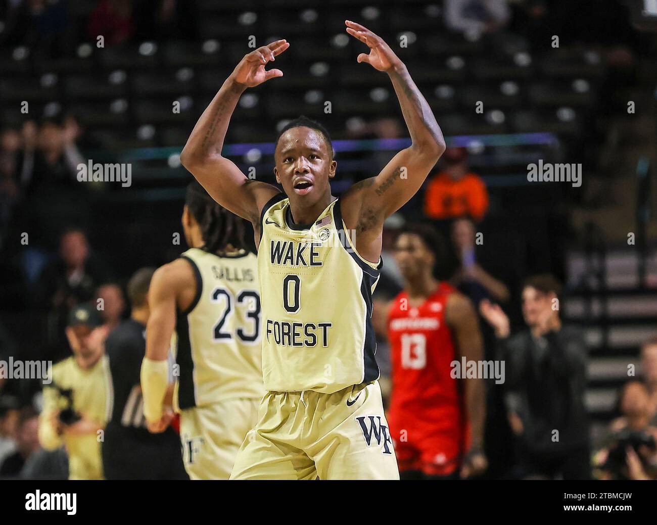 December 6, 2023: Wake Forest sophomore Kevin Miller (0) celebrates ...