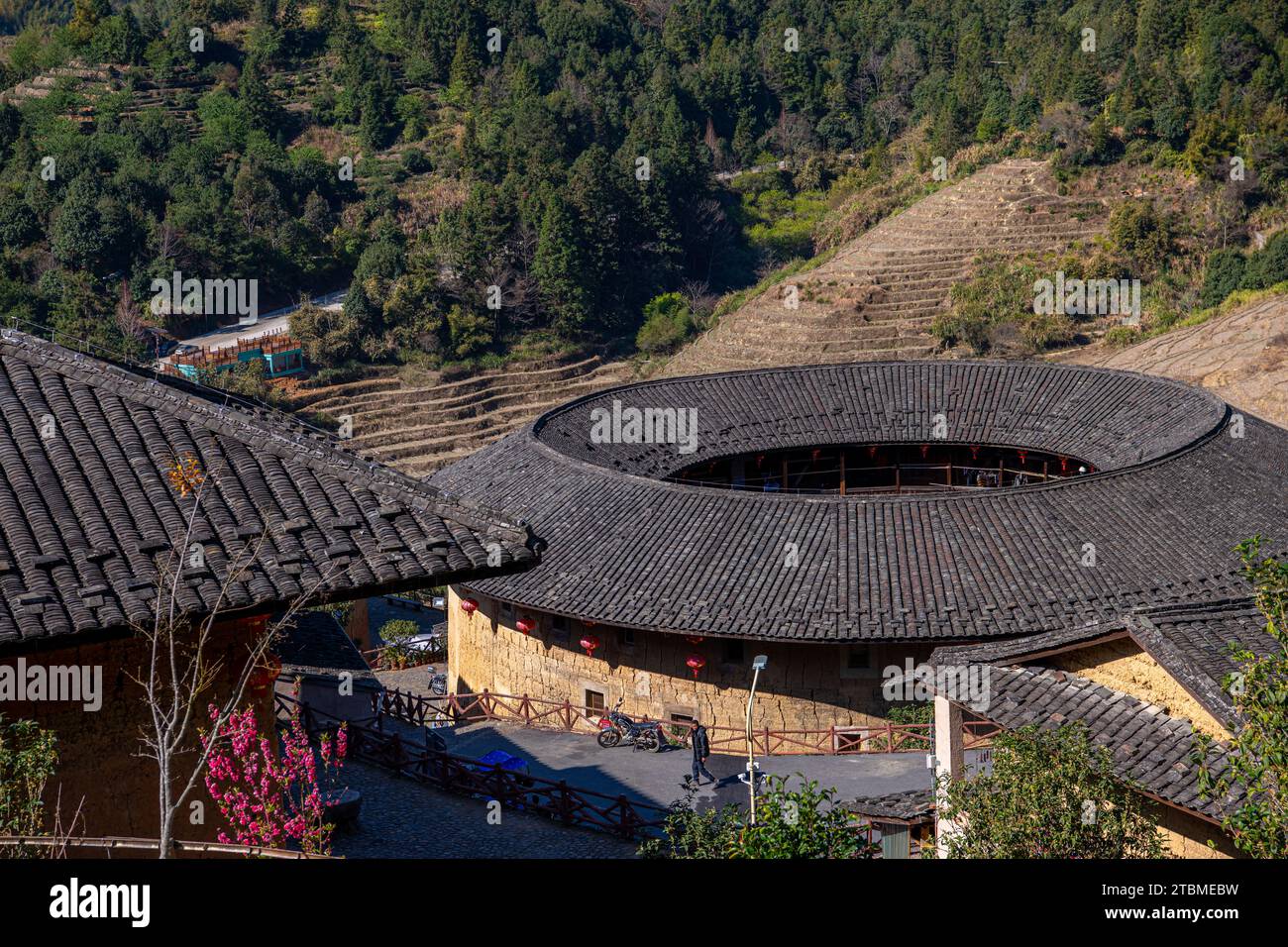 Aerial closeup view of Tulou, the unique dwellings of Hakka in Fujian ...