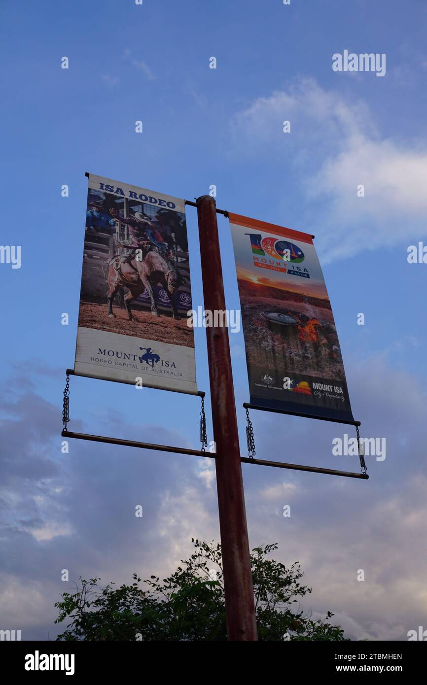 lamp post banners celebrating 100 years of Mount Isa and Isa Rodeo, the ...