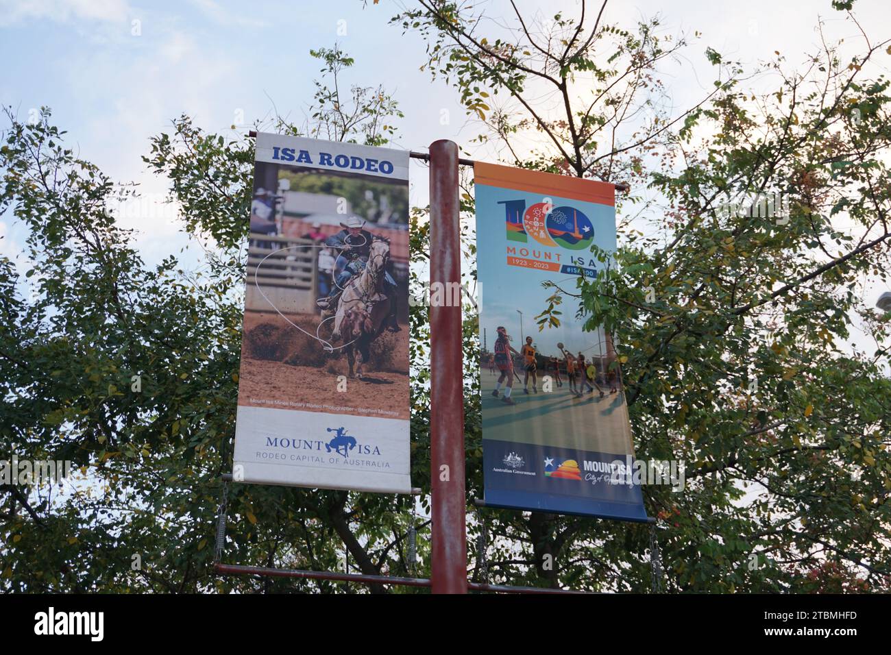 lamp post banners celebrating 100 years of Mount Isa and Isa Rodeo, the ...