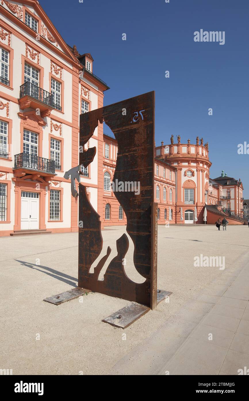 Horse figure in metal plate at Biebrich Castle, number, 75, hole, rusty ...
