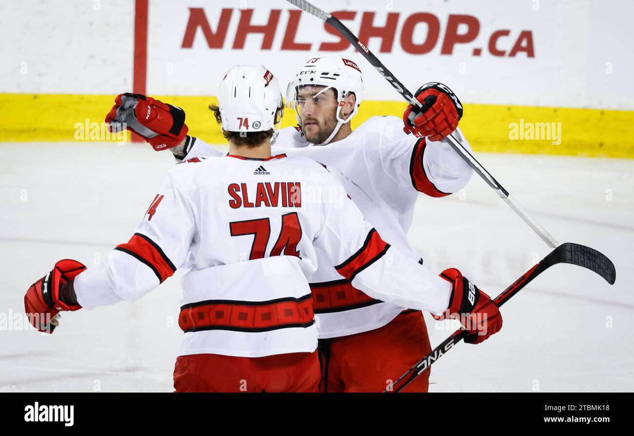 Carolina Hurricanes forward Stefan Noesen, right, celebrates after his ...