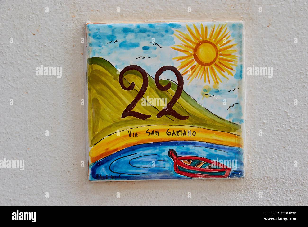 Colourful tile as street sign, Via San Gaetano, Rinella, town on the ...