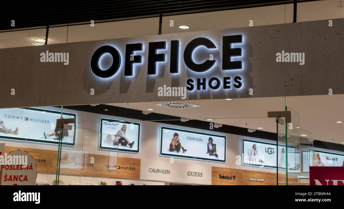 Bratislava, Slovakia, February, 19, 2023 : Office shoe shop store front brand in the shopping ...