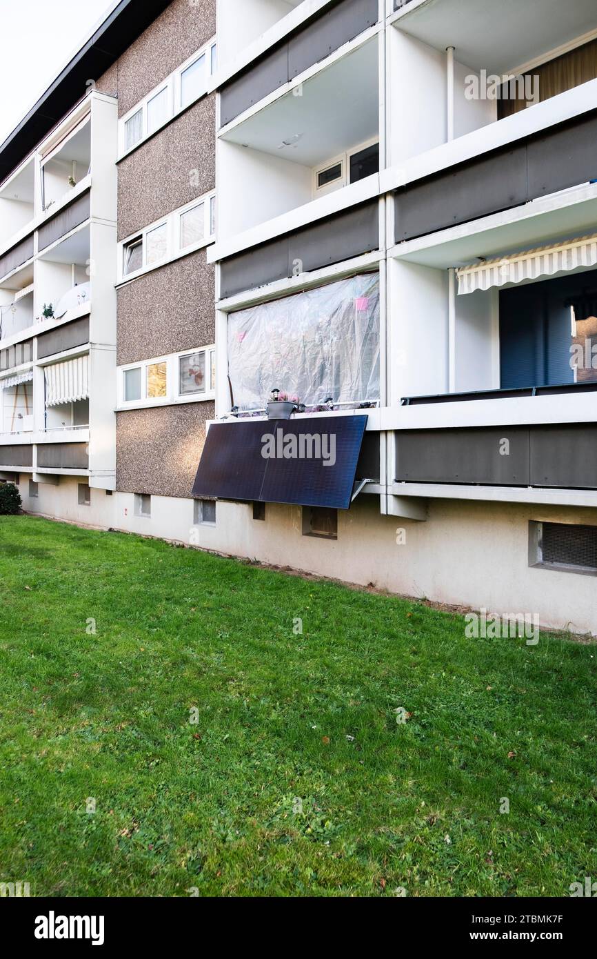 Solar panels on a balcony of a house from the seventies, Duesseldorf ...