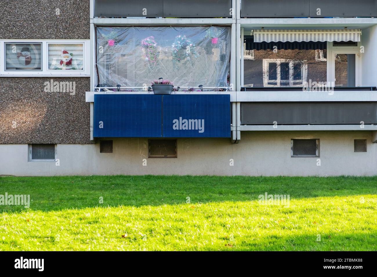 Solar panels on a balcony of a house from the seventies, Duesseldorf ...