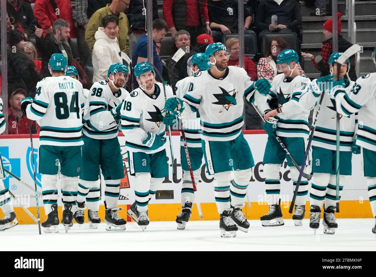 San Jose Sharks player celebrate after overtime in an NHL hockey game ...