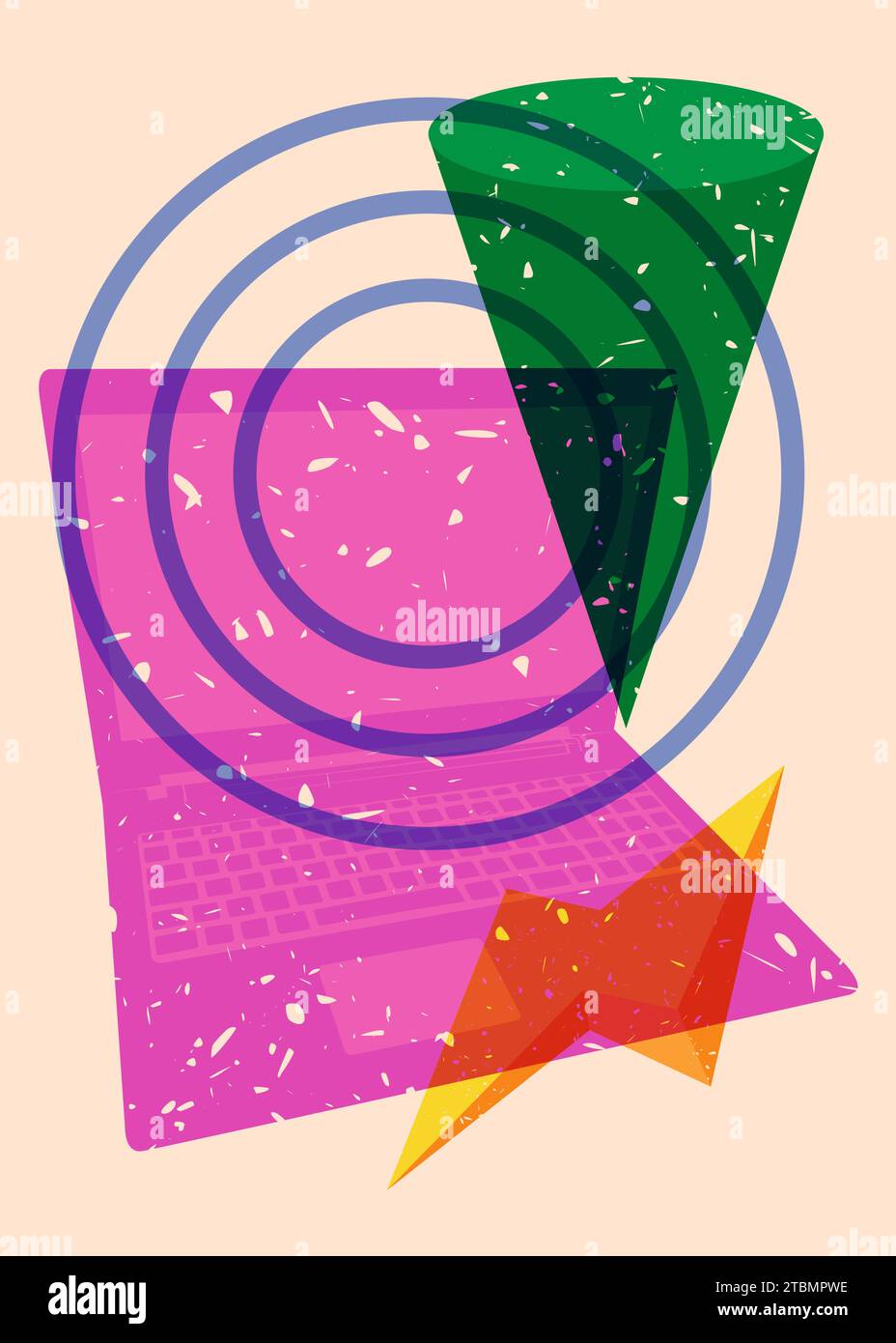 Risograph Laptop with geometric shapes. Objects in trendy riso graph ...