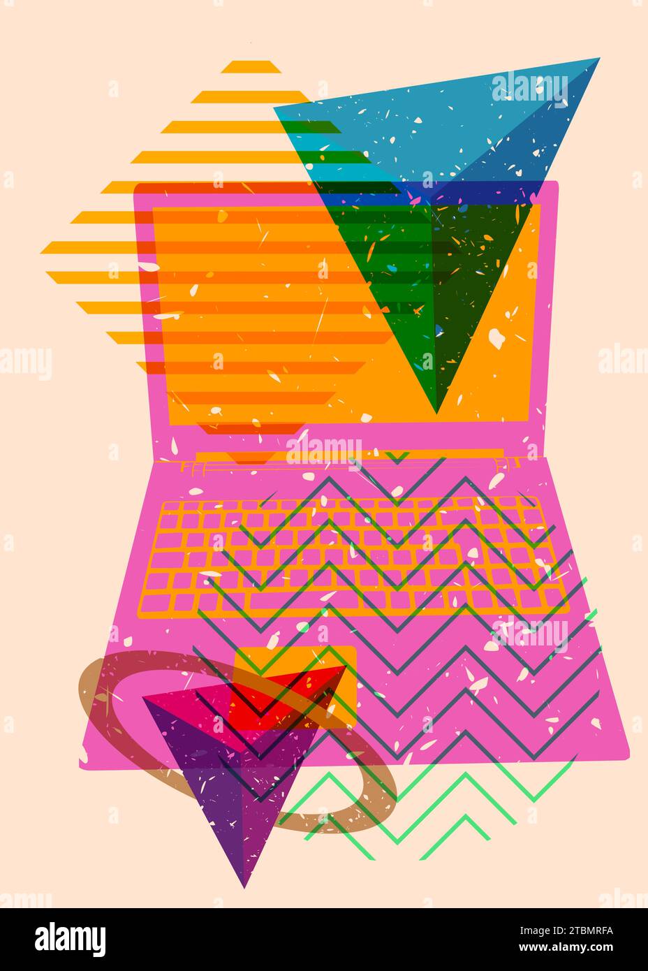 Risograph Laptop with geometric shapes. Objects in trendy riso graph print texture style design ...