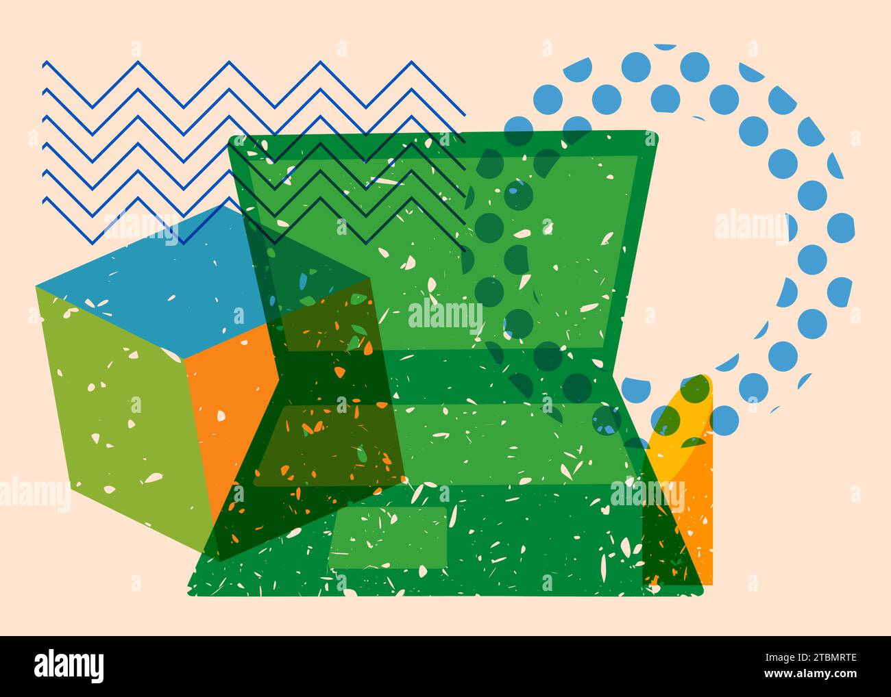 Risograph Laptop with geometric shapes. Objects in trendy riso graph print texture style design ...