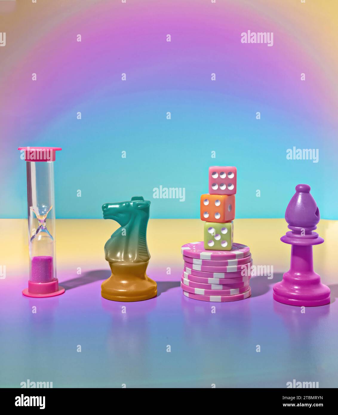 A Game Night Scene with a Pink Sand Timer, Green Knight Chess Piece ...