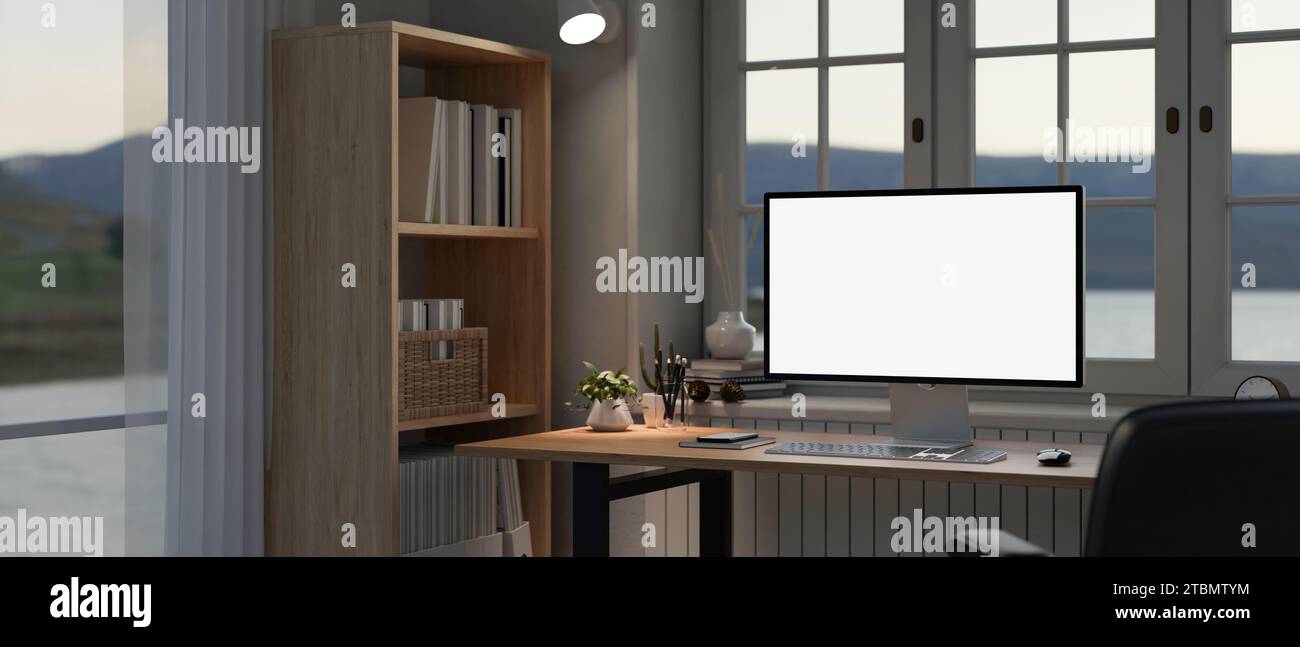 Modern home office workspace with a white-screen PC computer mockup and ...