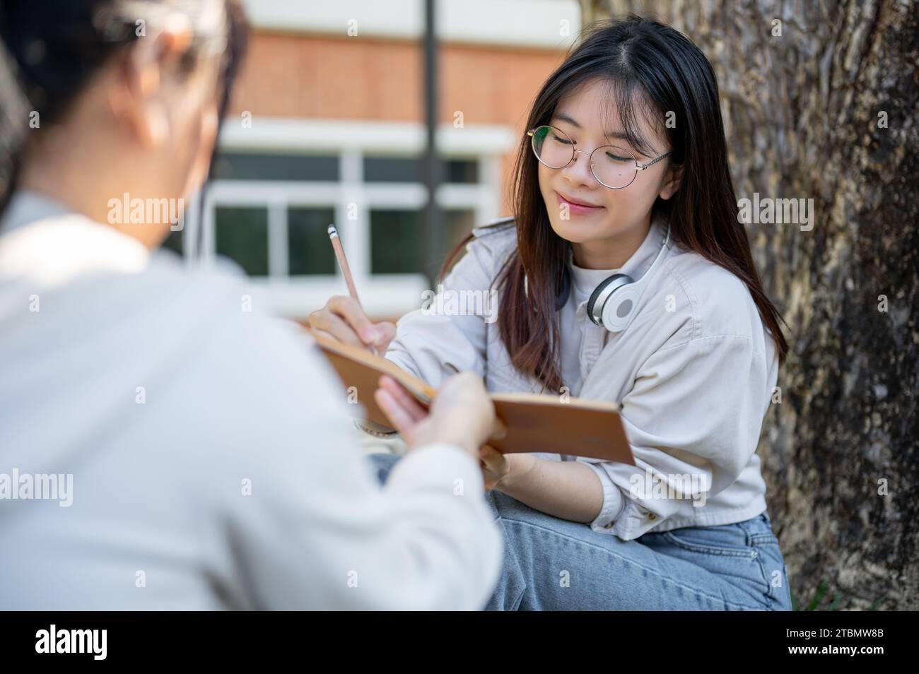 A friendly and positive young Asian female college student is helping ...