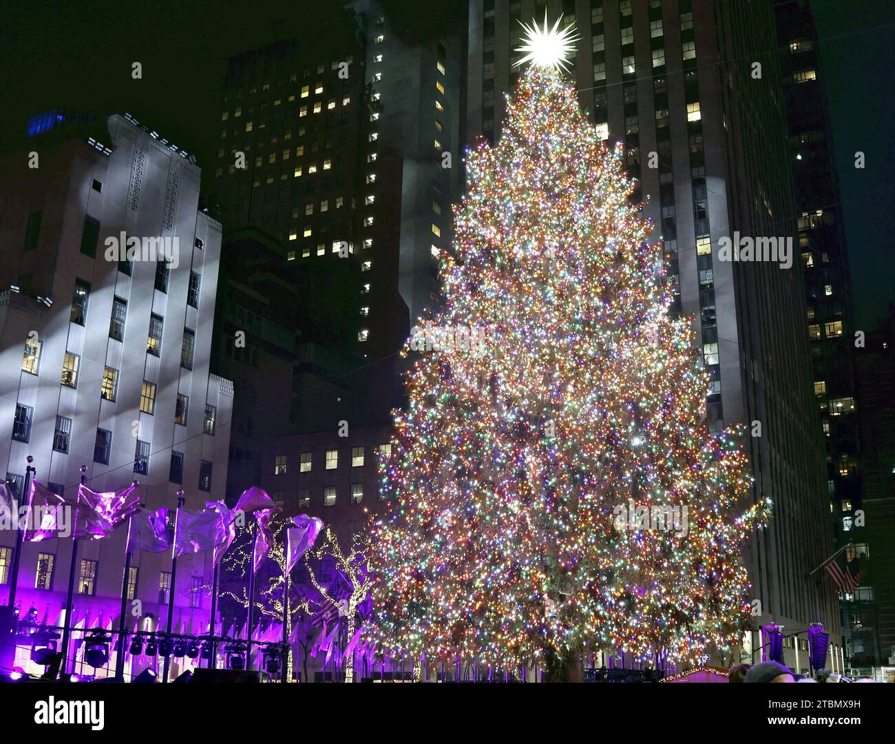 The 82-foot-tall spruce tree is lit up at the Rockefeller Center during ...