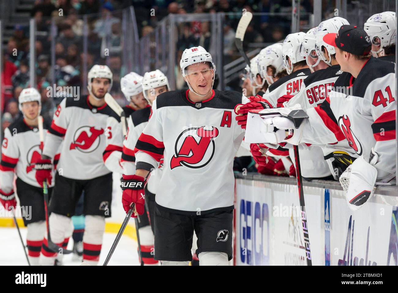 New Jersey Devils left wing Ondrej Palat (18) is congratulated for his ...