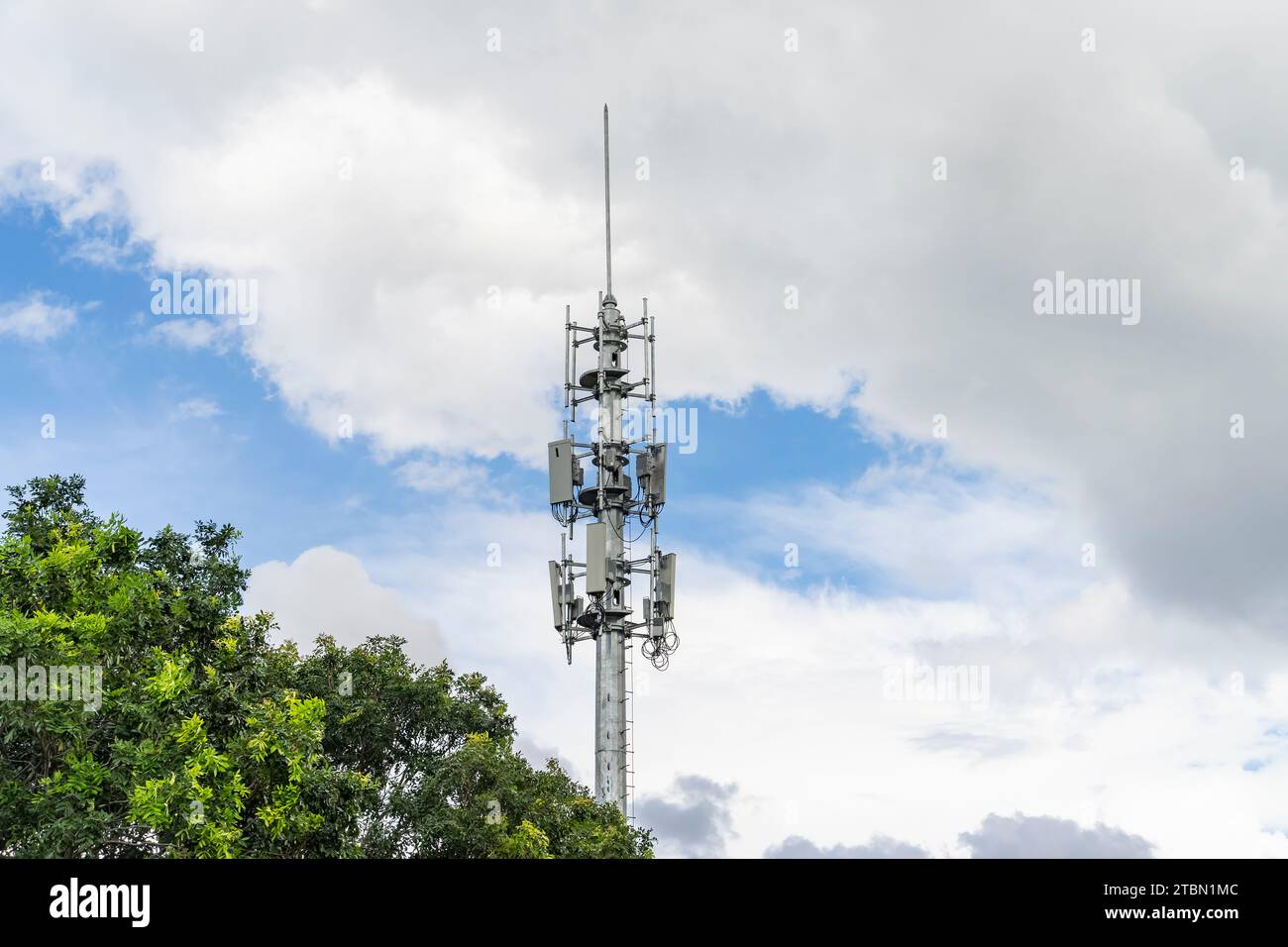 communication tower for 5G network telephone cellsite with dusk sky ...